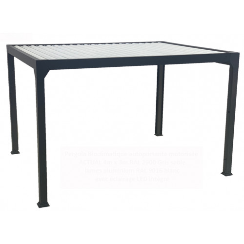 Pergola Bioclimatique Motorisée Gris Sablé avec Kit LED 4 x 3 M
