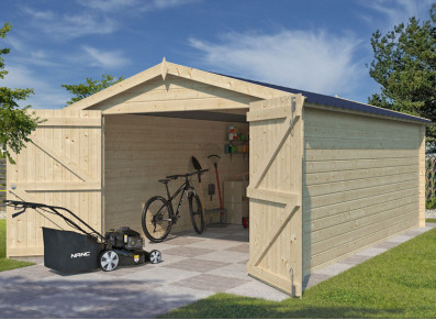 Garage Voiture Madriers Bois Brut 28 MM - Toit Acier - 19m2